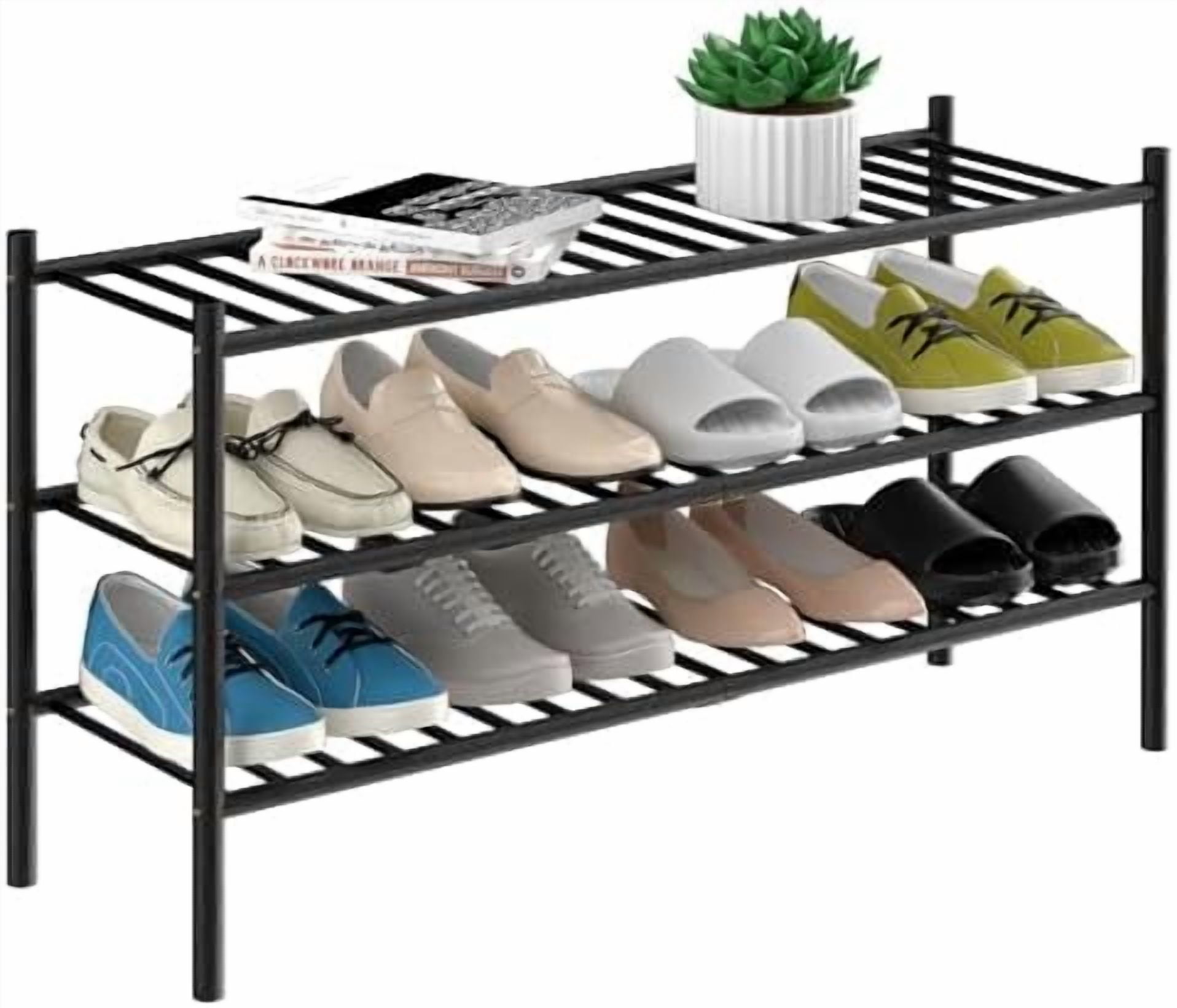 3-Tier Bamboo Long Shoe Rack, Free Standing Wood Shoe Shelf Storage ...