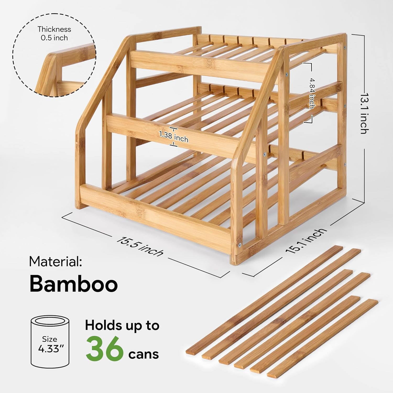 3-Tier Bamboo Pantry Can Organizers - 36 Cans Dispenser Rack, Flexible ...