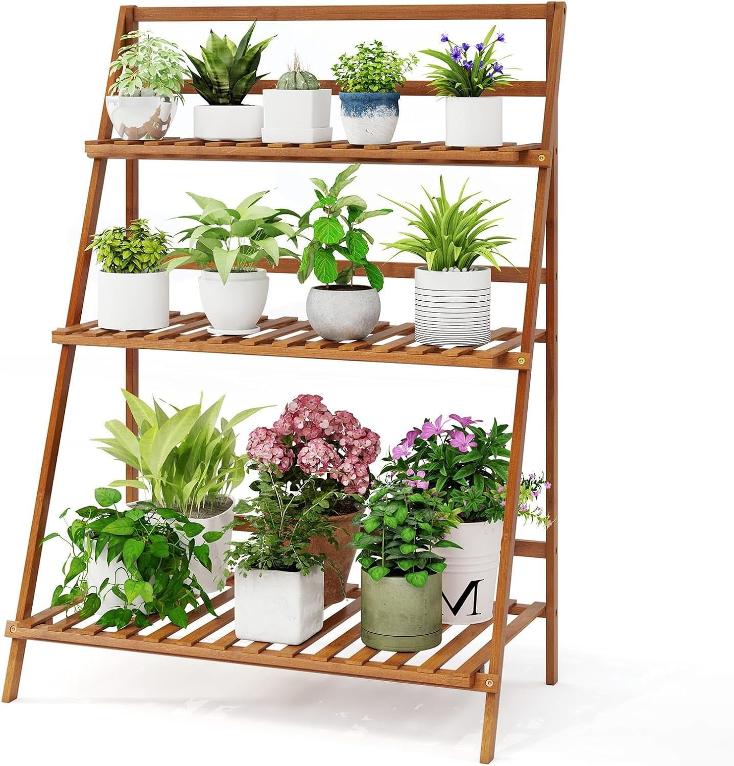 3-Tier Bamboo Plant Flower Stand Rack Shelf, Foldable Planter Racks ...