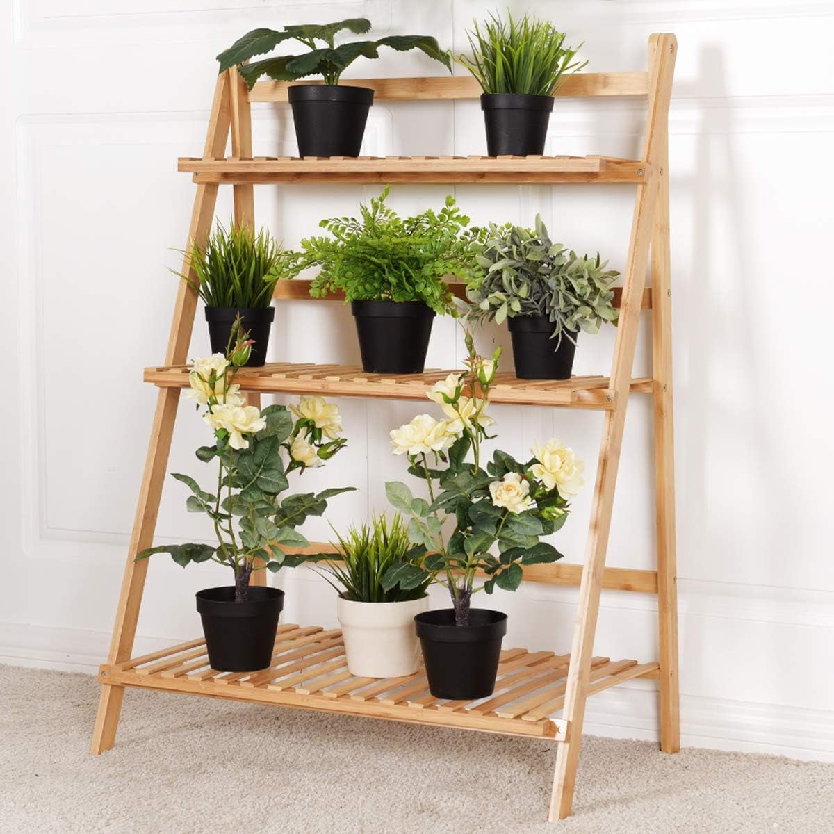 3-Tier Bamboo Plant Flower Stand Rack Shelf, Foldable Planter Racks ...