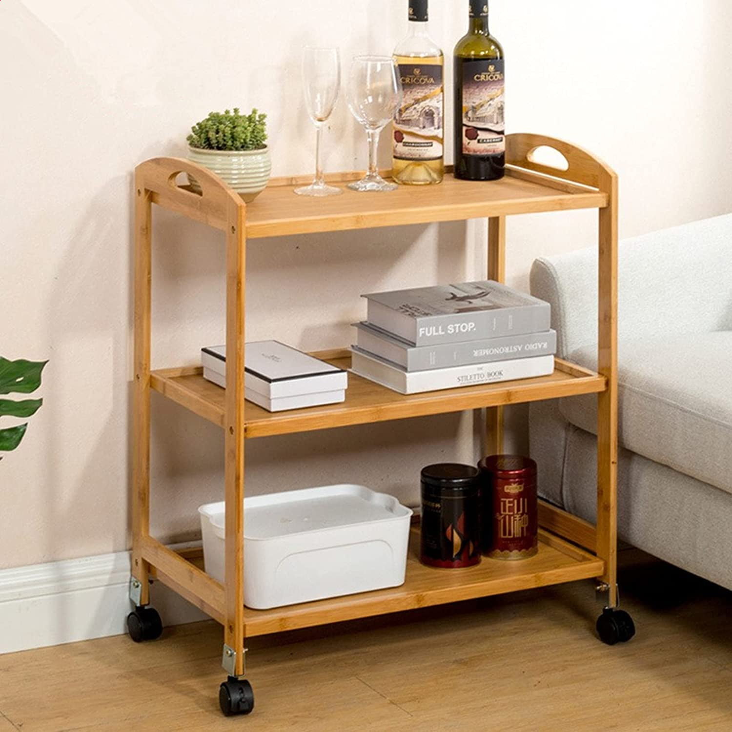 3-Tier Bamboo Rolling Cart Kitchen Serving Cart Organizer Storage Rack ...