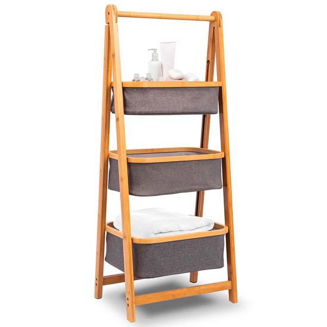 3 Tier Bamboo Shelf with Storage Hamper - Wooden Bamboo Laundry ...