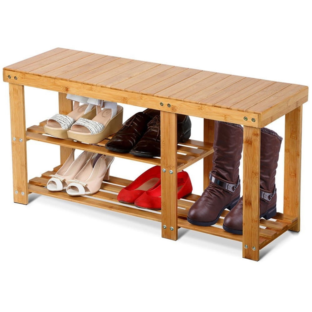 3-Tier Bamboo Shoe Bench for Boots Shoe Rack Storage Organizer Max Load ...
