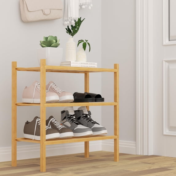 3 Tier Bamboo Shoe Rack Free Standing Closet Organizer Stackable Wood ...