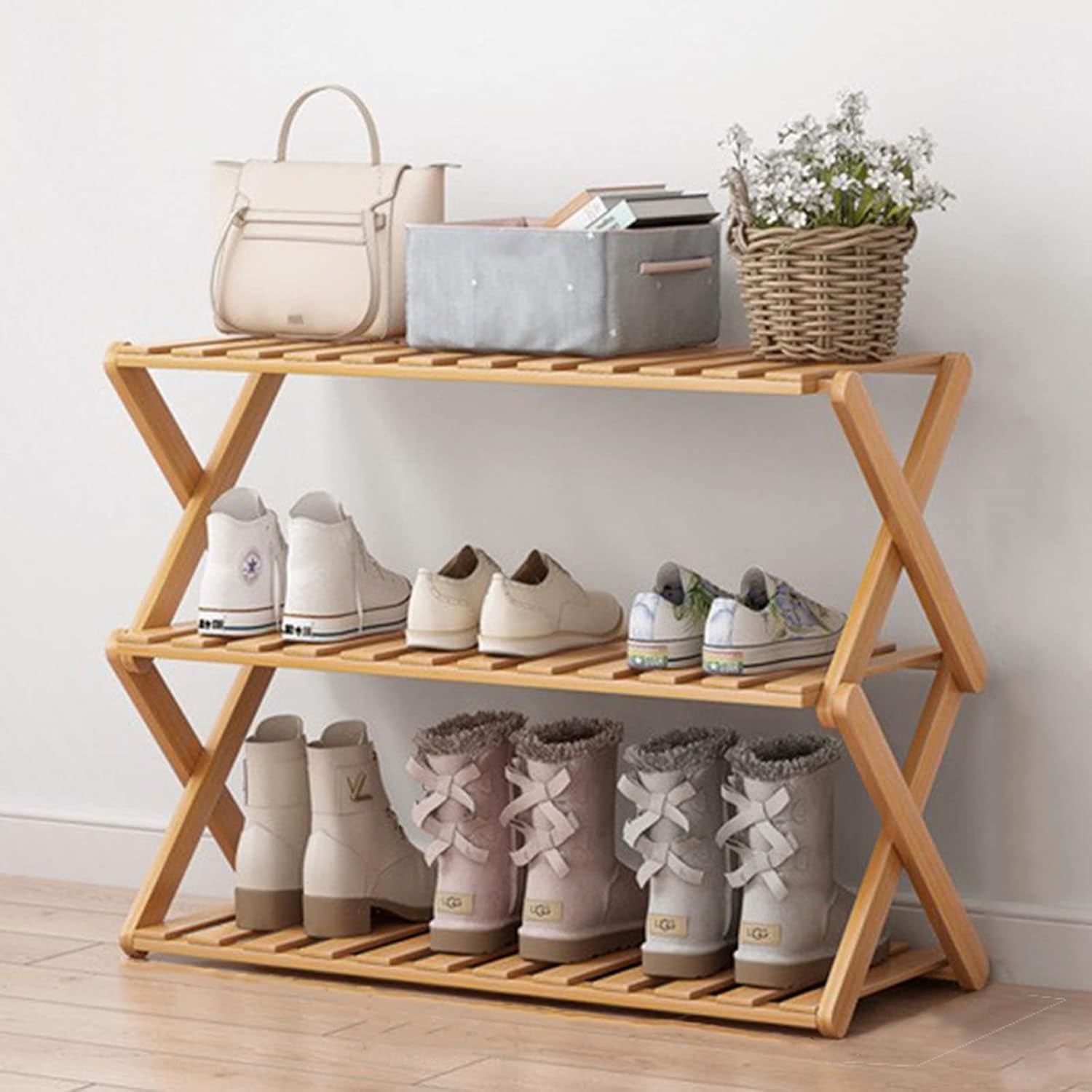 3 Tier Bamboo Shoe Rack,Portable Folding Shoe Storage Rack,Without ...