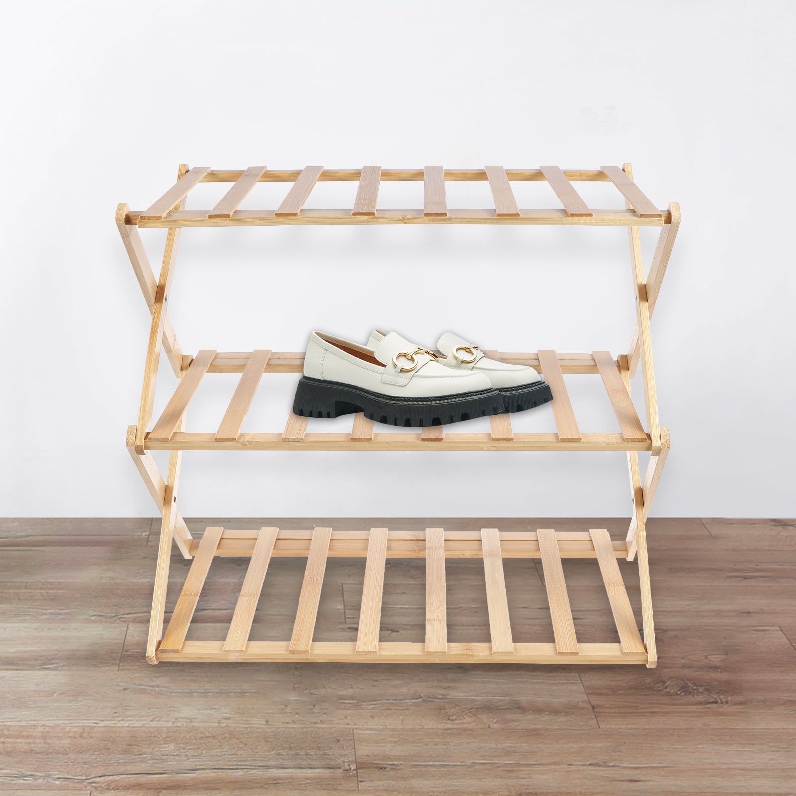 3 Tier Bamboo Shoe Rack,Portable Folding Shoe Storage Rack,Without ...