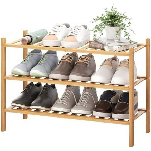 3-Tier Bamboo Shoe Rack Premium Stackable Shoe Shelf Storage Organizer ...