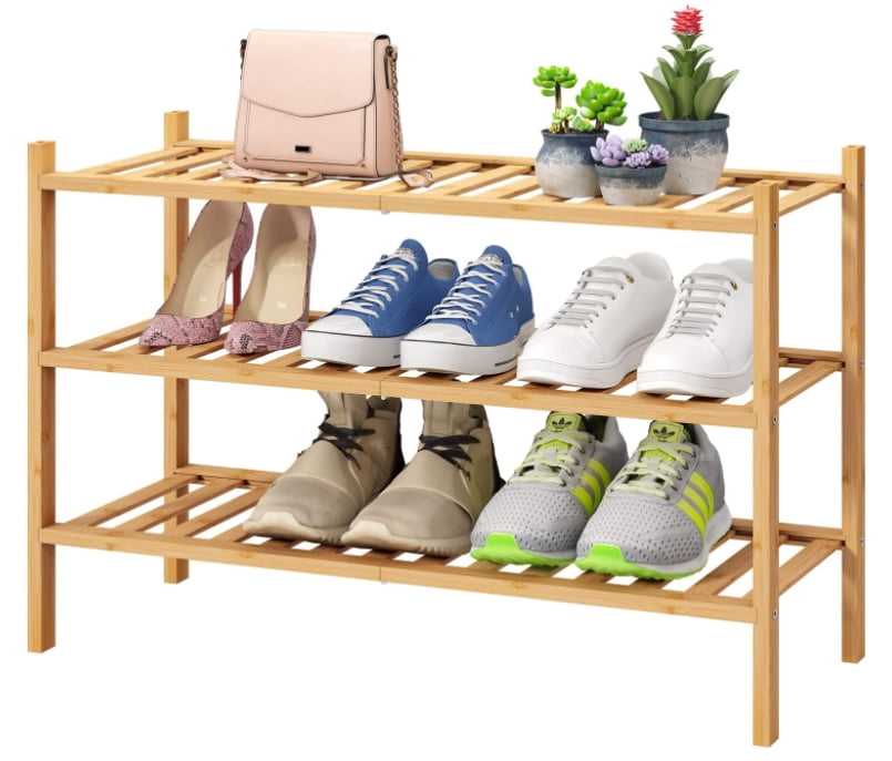 3 Tier Bamboo Shoe Rack, Stackable wooden shoe rack, Multifunctional ...