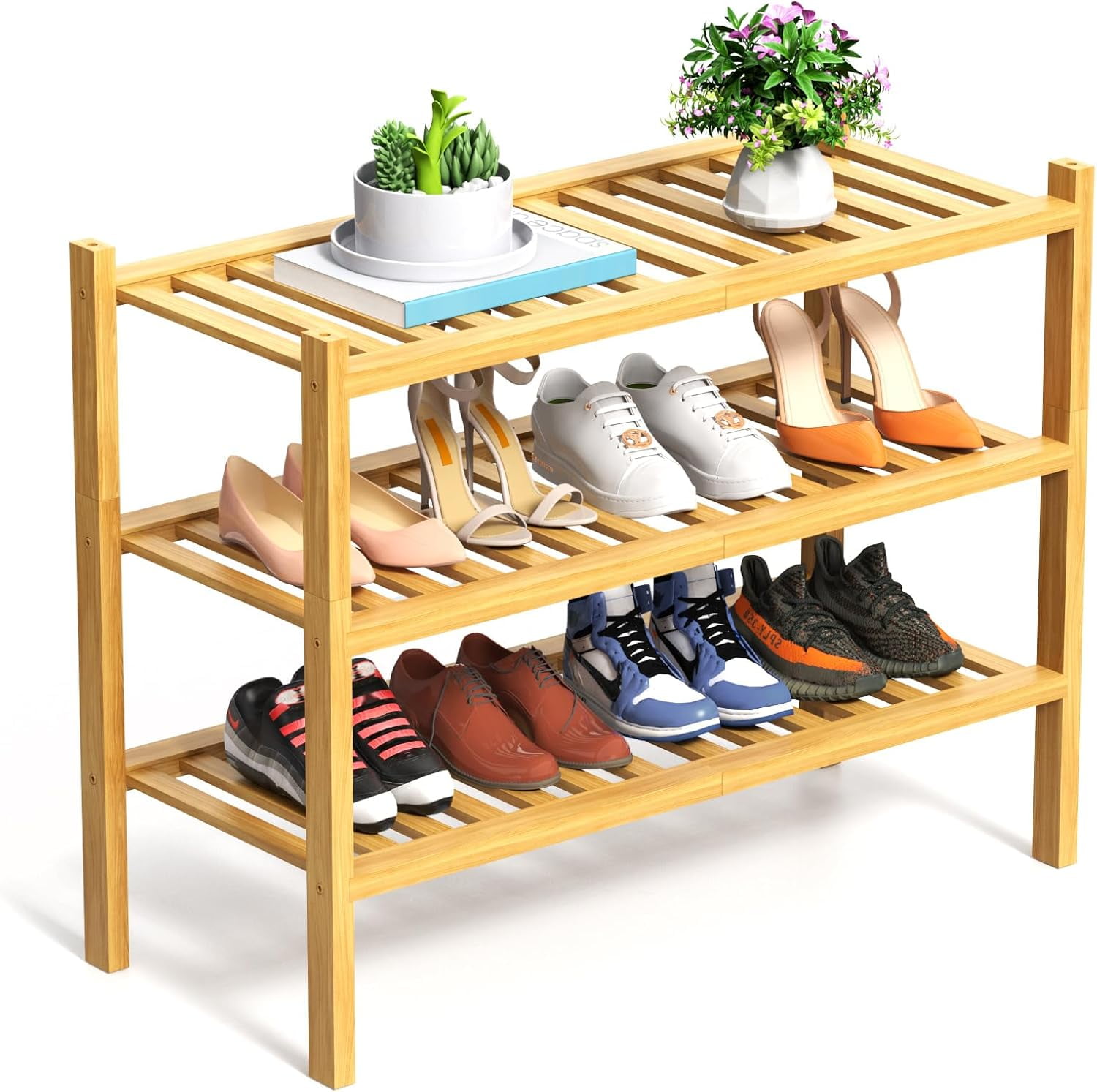 3 Tier Bamboo Shoe Rack for Closet Free Standing Wood Shoe Shelf ...