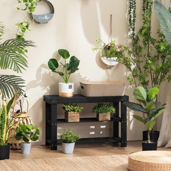 3-Tier Bamboo Shoe Storage Bench, Freestanding Entryway Organizer ...