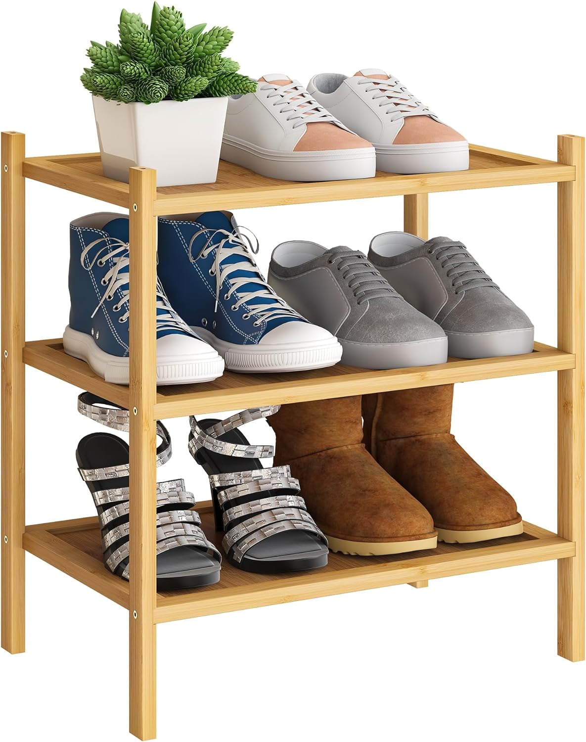3-Tier Bamboo Small Shoe Rack Premium Stackable Shoe Shelf Storage ...