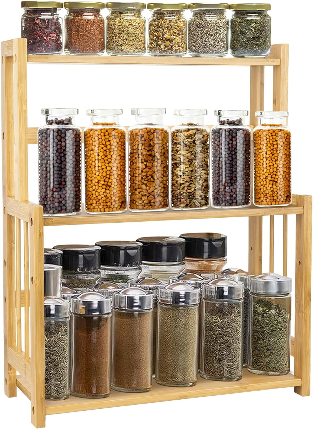 3-Tier Bamboo Spice Rack, Seasoning Jars Rack Shelf Spice Container ...