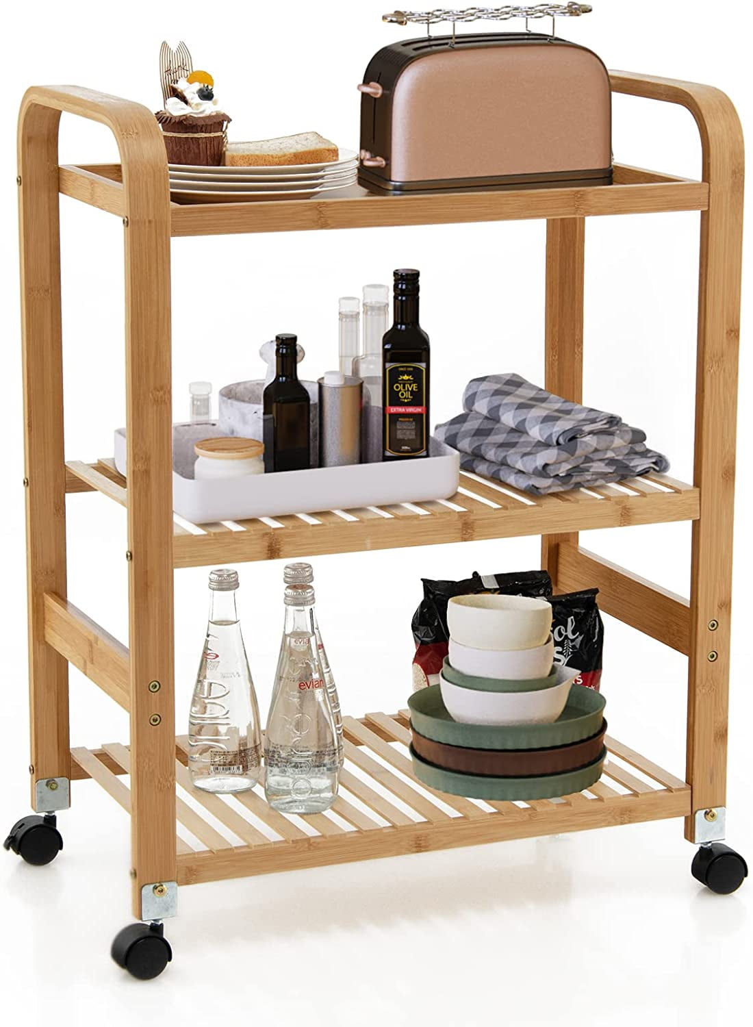 3-Tier Bamboo Storage Cart, Rolling Utility Cart, Storage Rack on ...