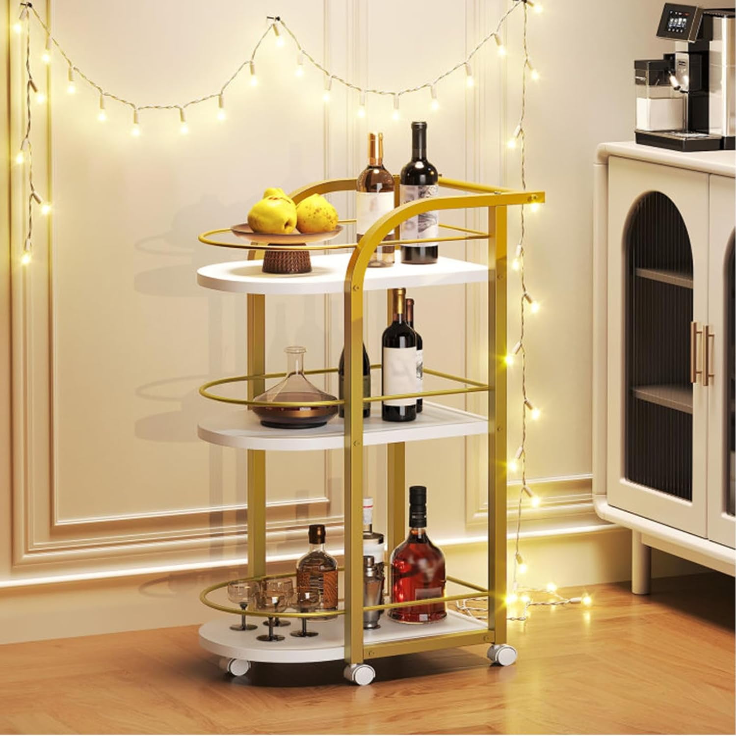 3-Tier Bar Cart, Home Bar Serving Cart with Fence and Wheels, for ...