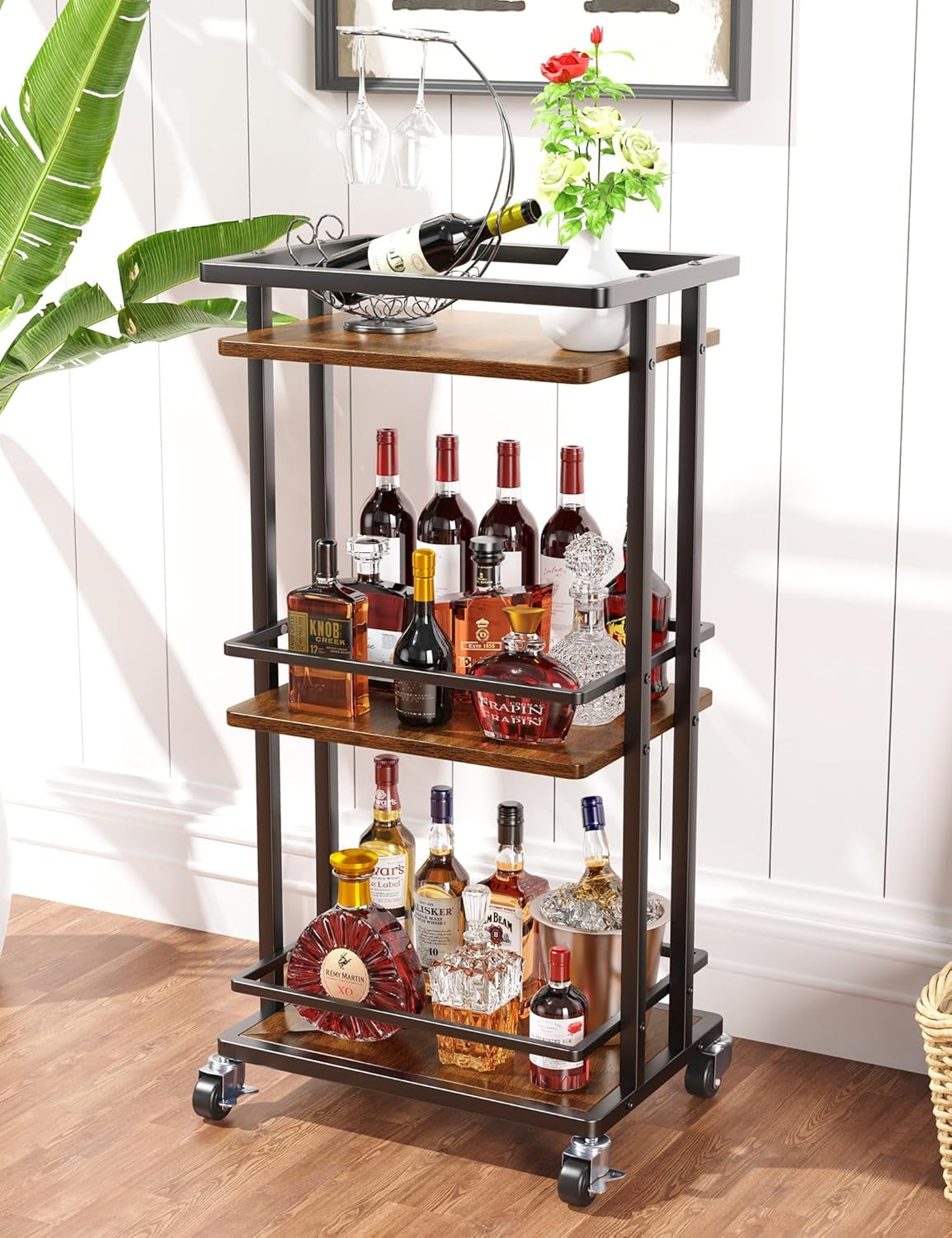 3 Tier Bar Cart for Home, Rolling Mini Liquor Bar for Wine Beverage ...