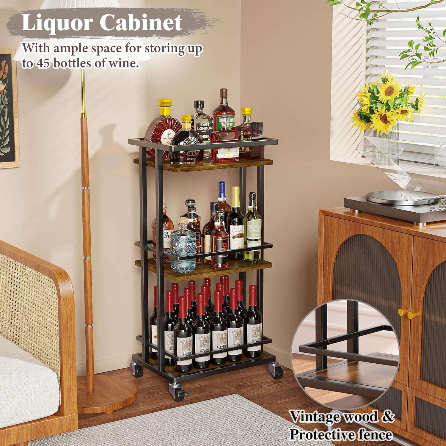 3 Tier Bar Cart for Home, Rolling Mini Liquor Bar for Wine Beverage ...