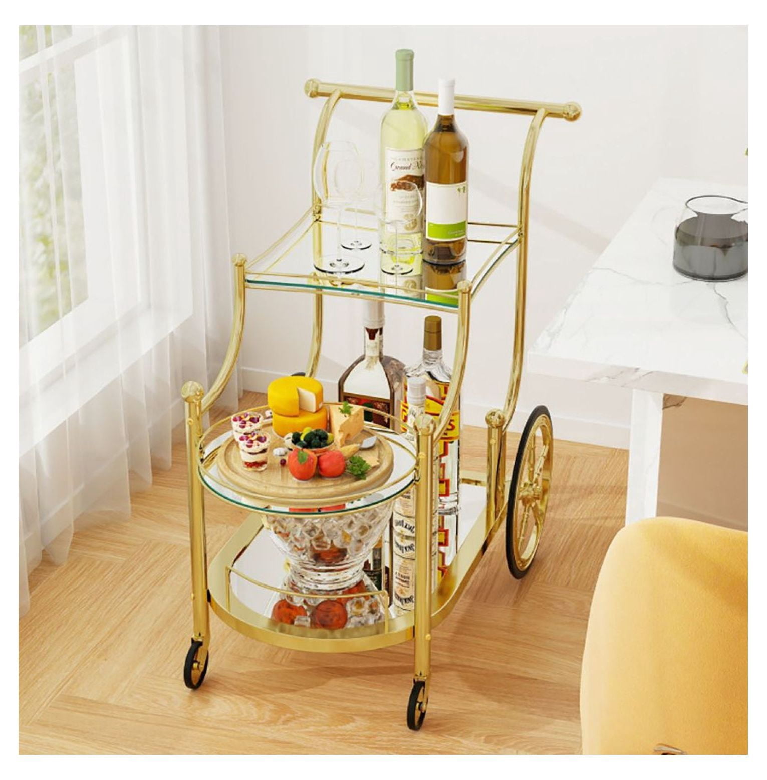 3-Tier Bar Cart on Wheels, Mirrored Serving Cart for Home Bar, Metal ...