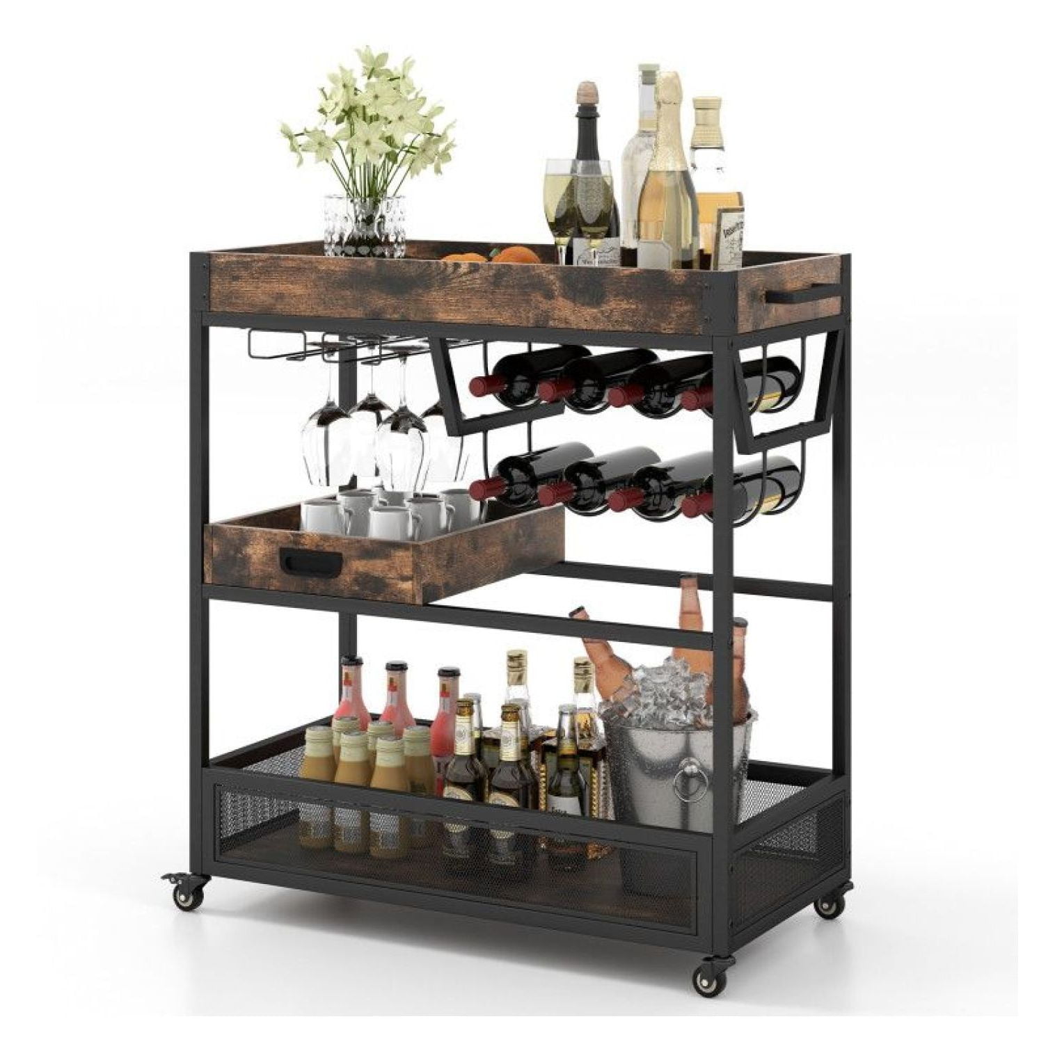 3-Tier Bar Cart with Wine Rack, Industrial Serving Cart - Rustic Brown ...