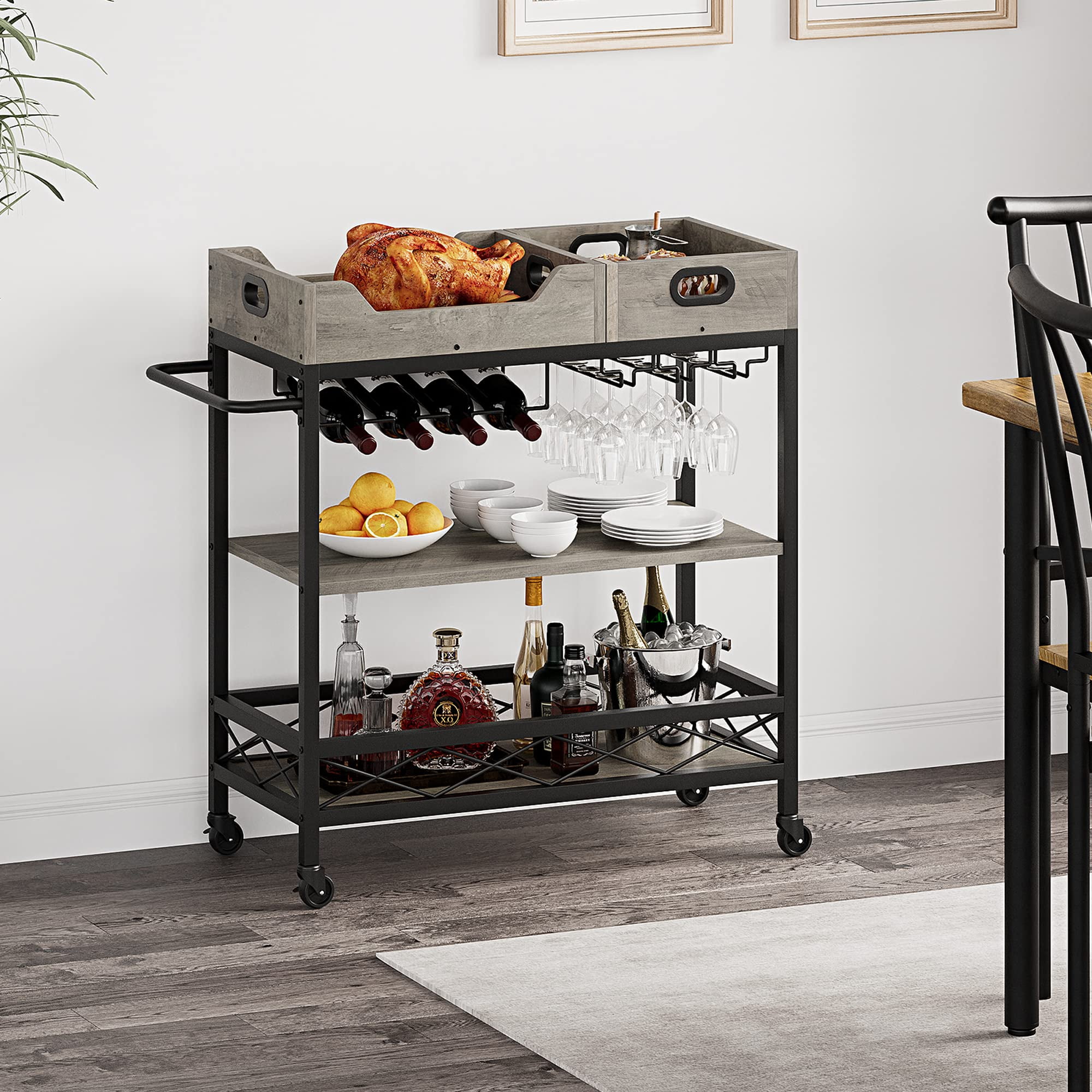 3 Tier Bar Carts for The Home, Rustic Brown Bar Cart with Wheels, Two ...