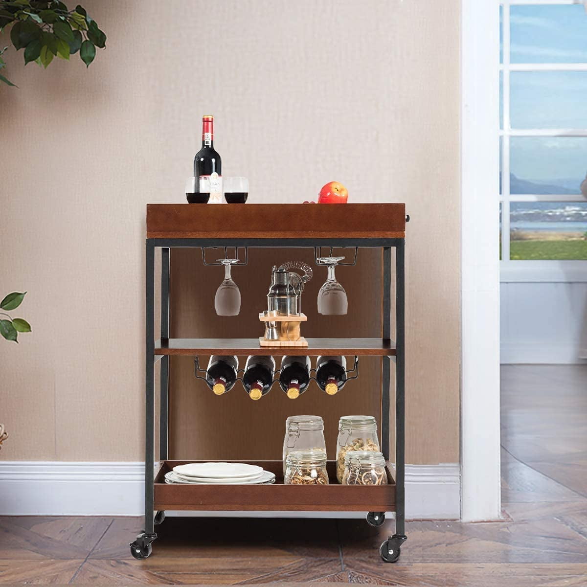 3-Tier Bar Serving Cart, Kitchen Island Cart w/Wine Bottle Rack & Glass ...