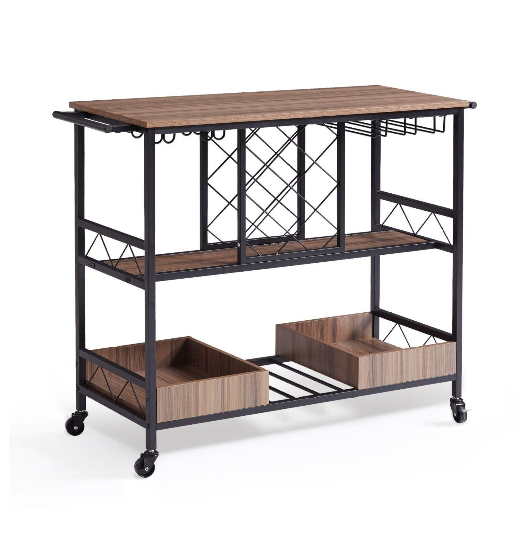 3-Tier Bar Serving Cart Rolling Trolley with Wine Grid Glass Holder ...