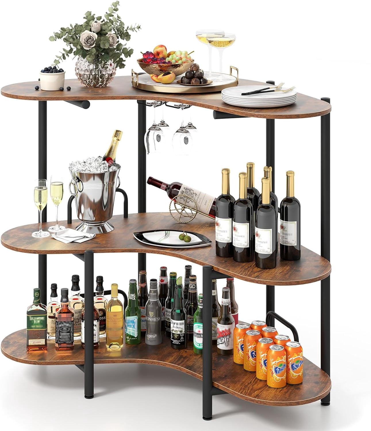 3-Tier Bar Table, Corner Bar Cabinet, Liquor Home Bar Unit with Steare ...