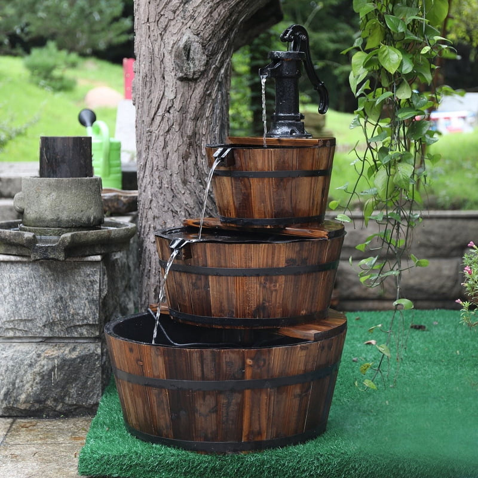 3 Tier Barrel Waterfall Fountain Barrel Wooden Fountain Water Pump ...