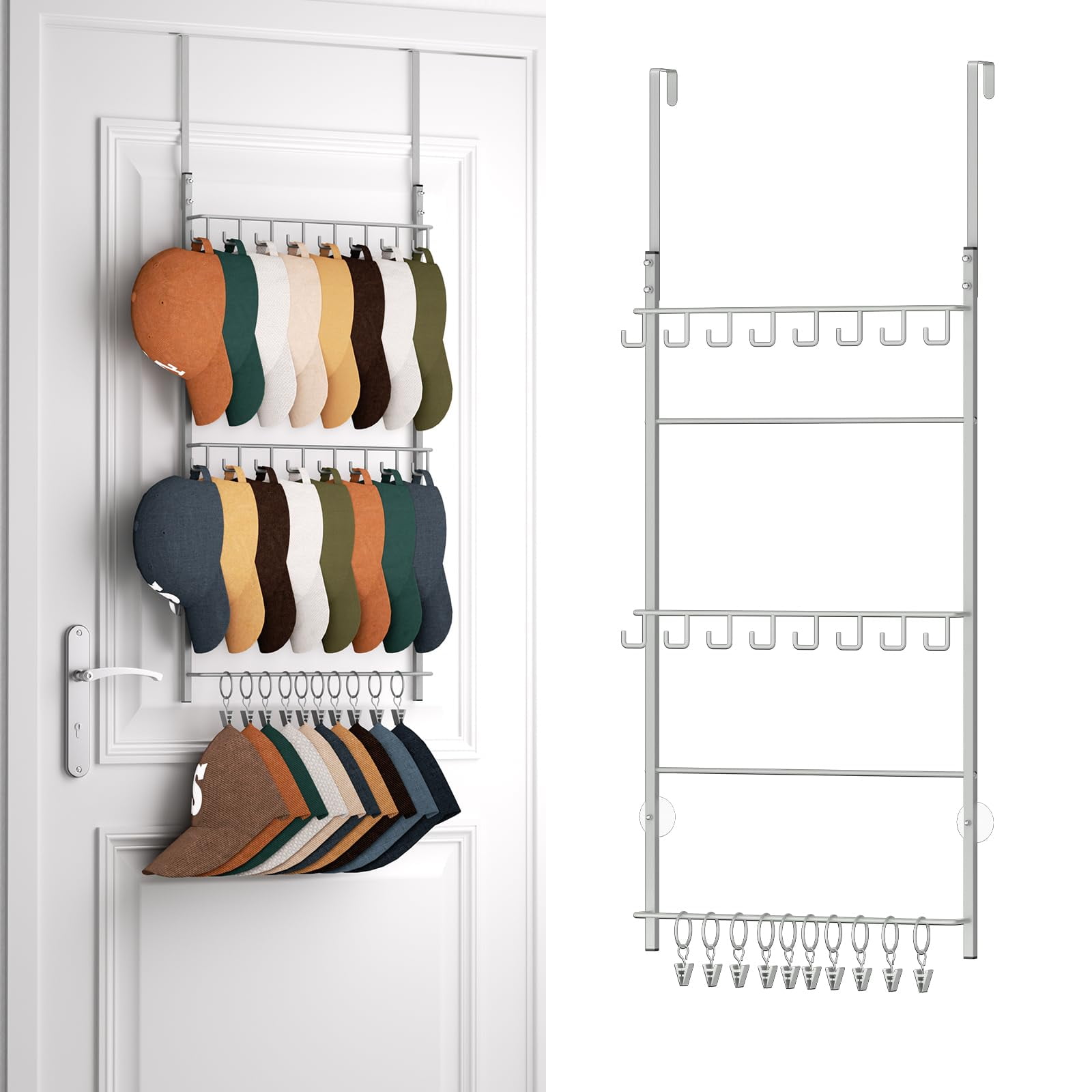 3 Tier Baseball Cap Rack with 16 Hooks 10 Movable Clips, Over Door Wall ...
