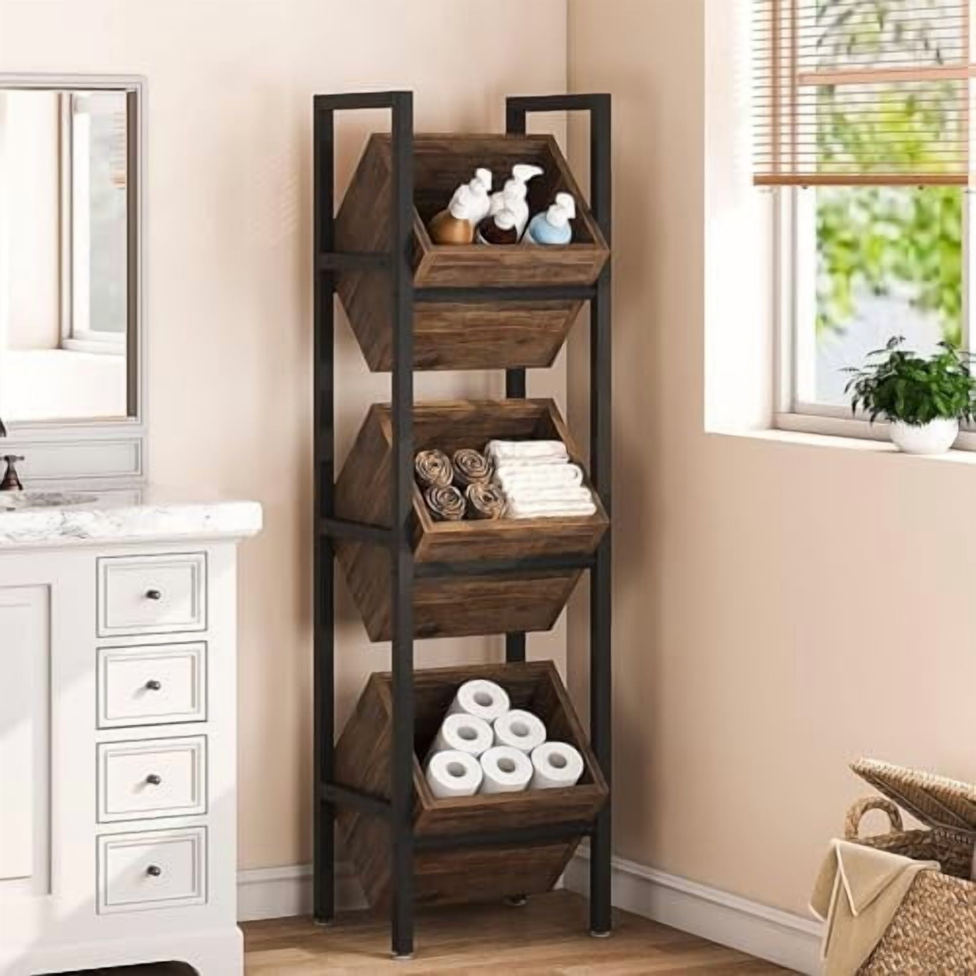 3 Tier Basket Storage Stand for Kitchen Bathroom Living Room Brown ...