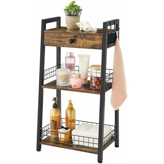 3-Tier Bathroom Ladder Shelf with Drawer, Bathroom Stand Floor Storage ...