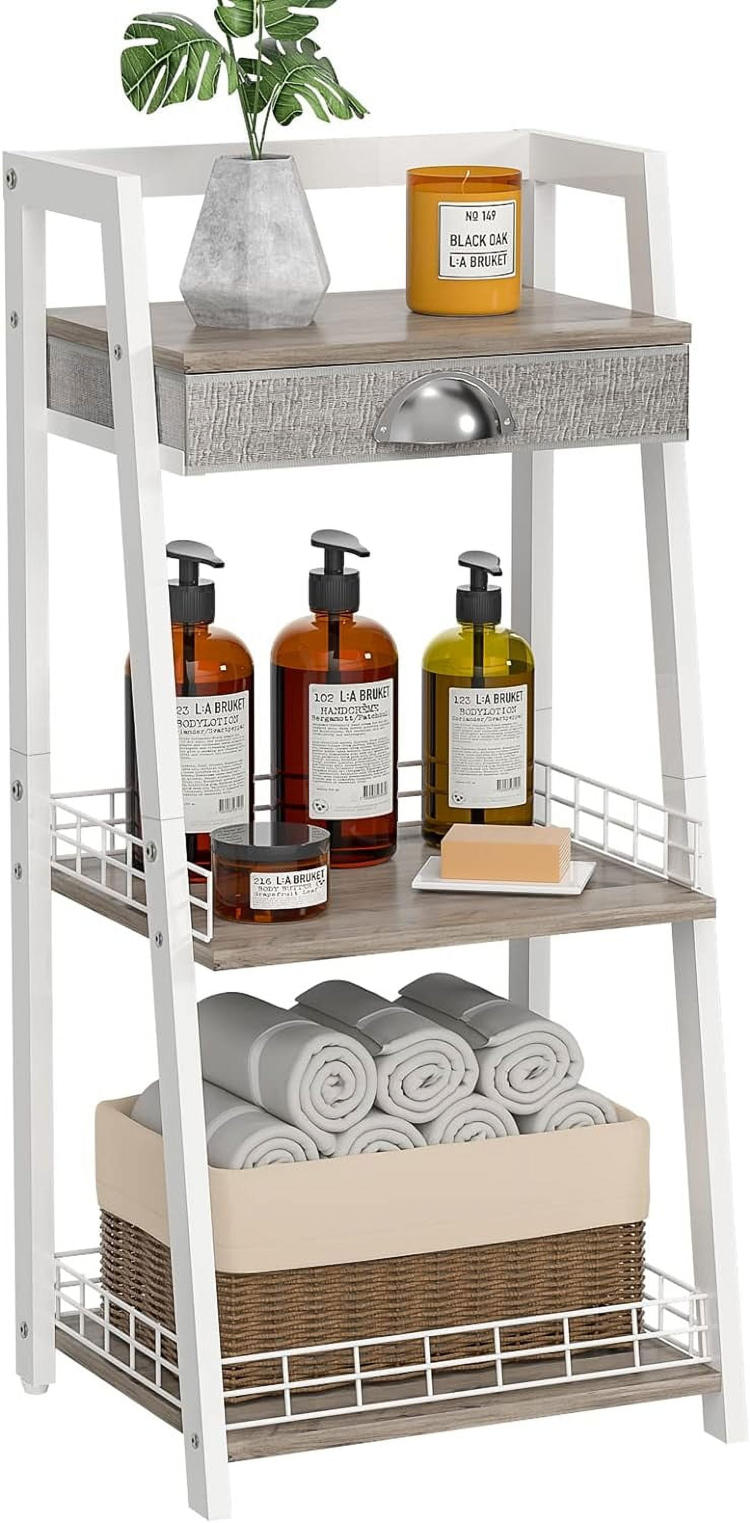 3-Tier Bathroom Ladder Shelf, Floor Storage Shelf with Drawer ...