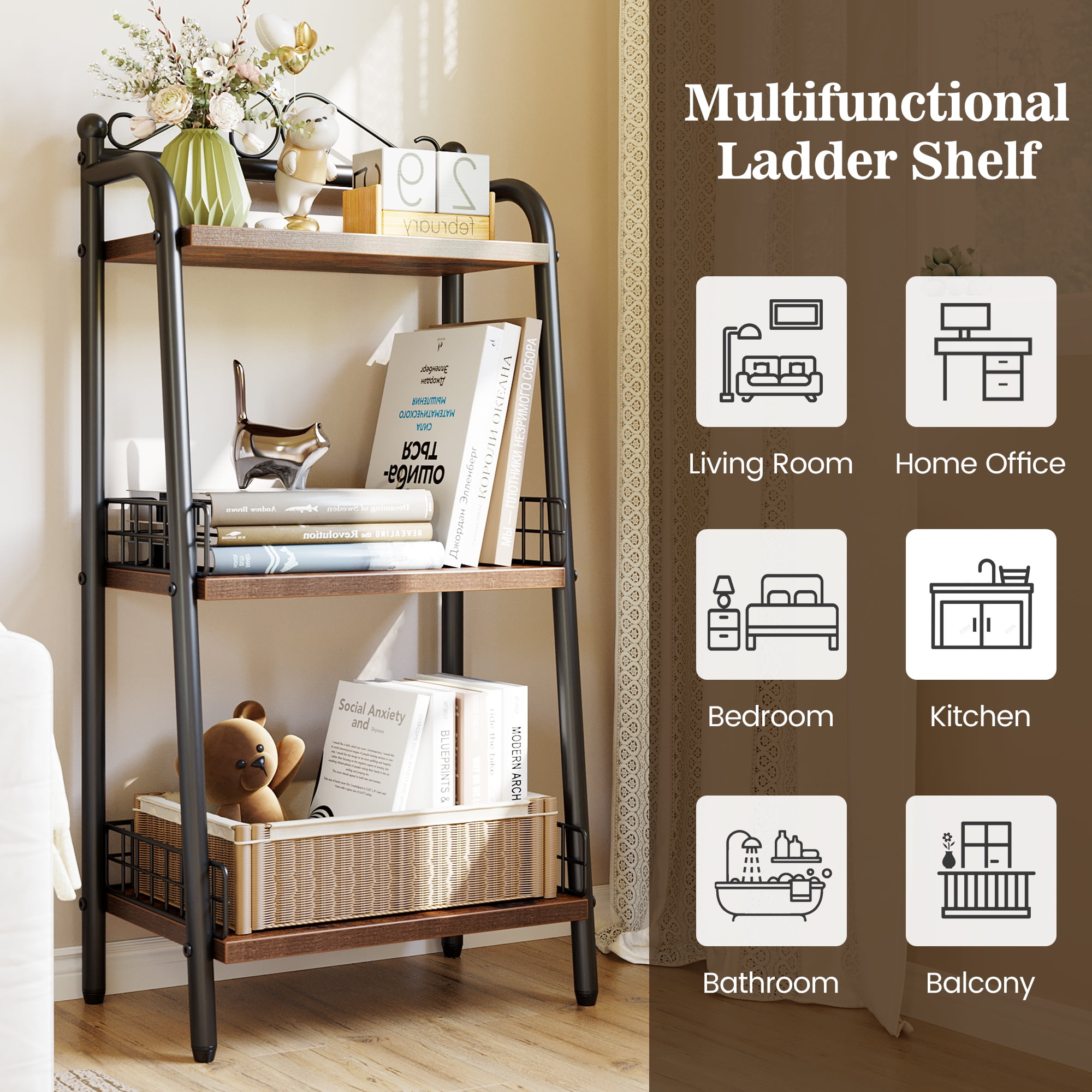 3 Tier Bathroom Ladder Shelf, Free Standing Storage Shelves Organizer ...