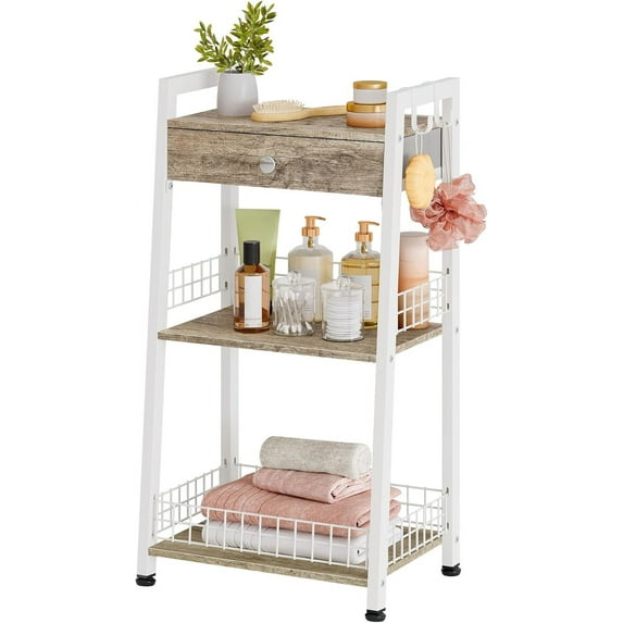 3-Tier Bathroom Ladder Shelf with Drawer, Bathroom Floor Storage Shelf ...