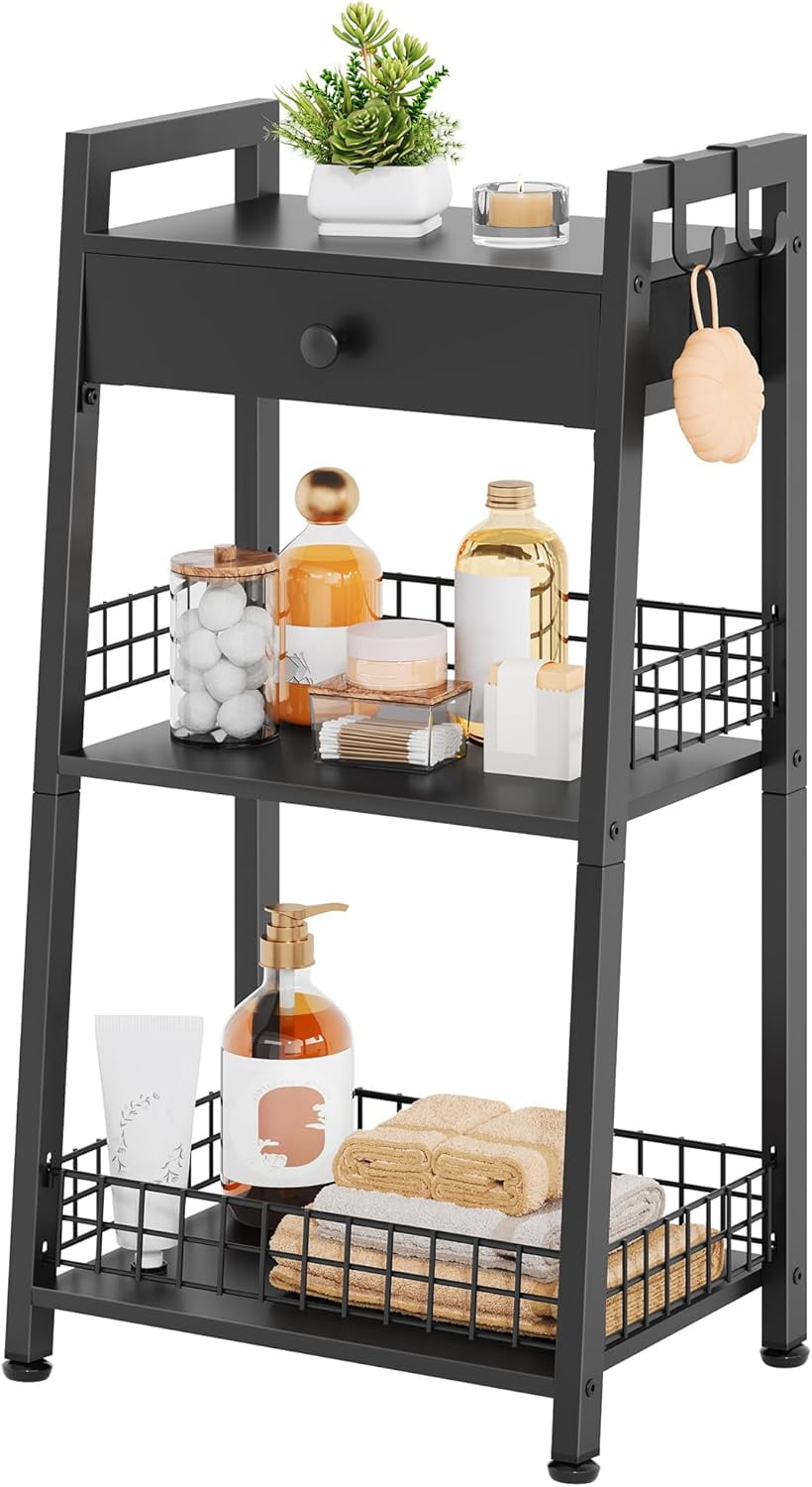 3-Tier Bathroom Ladder Shelf with Drawer, Freestanding Tower Shelf ...
