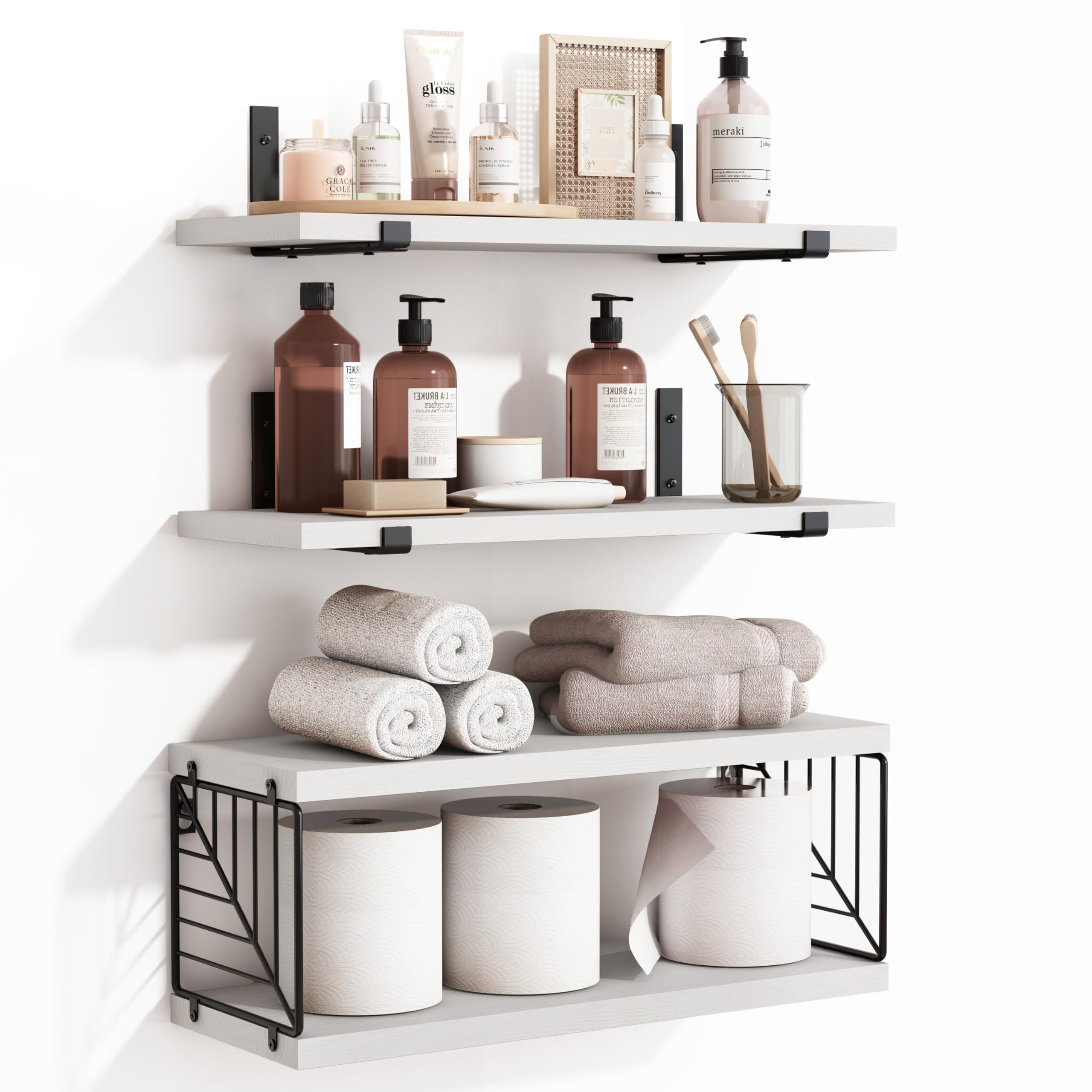 3 Tier Bathroom Shelves Over Toilet, Rustic Wood Floating Shelves with ...