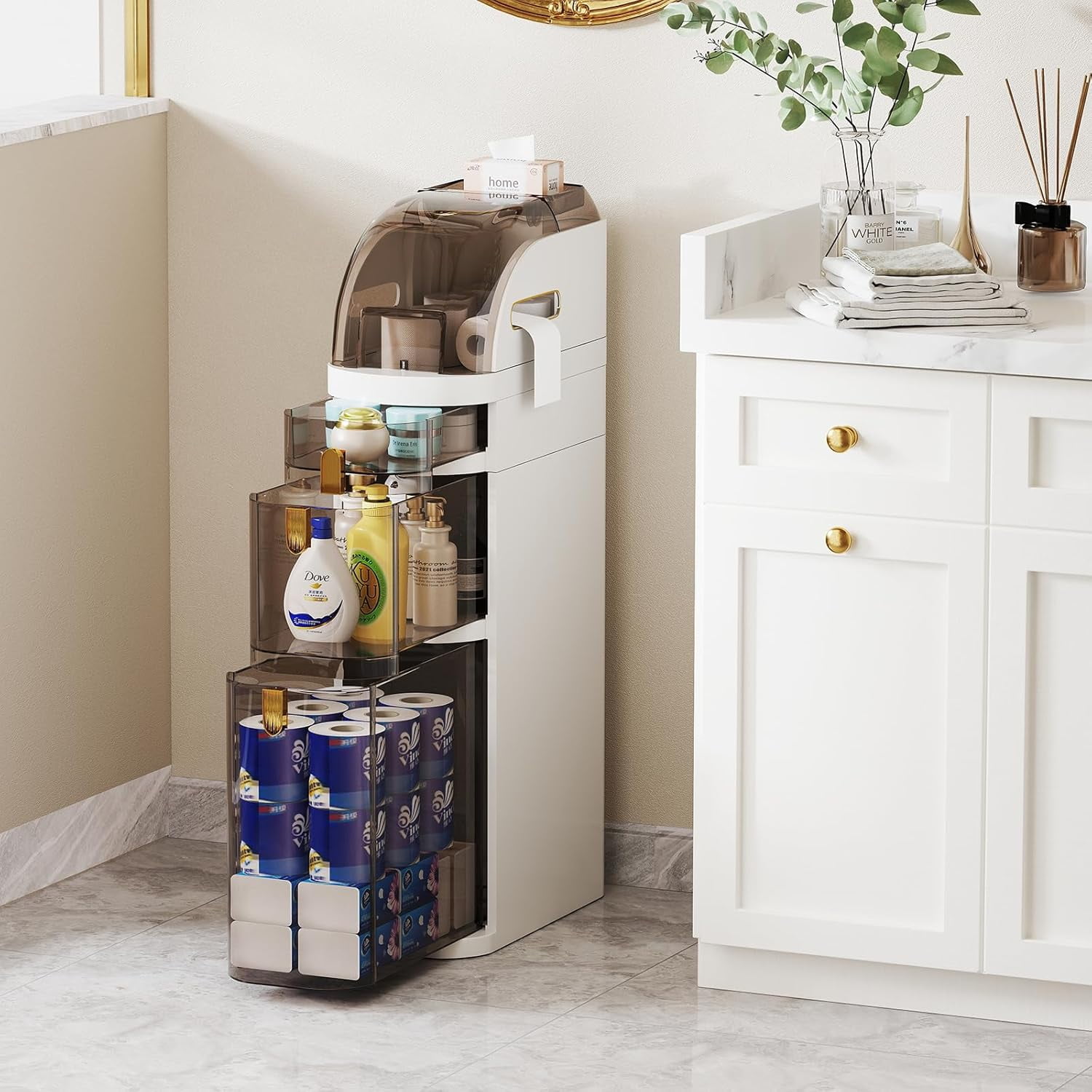 3 Tier Bathroom Storage Cabinet, Waterproof Slim Organizer with 4 ...