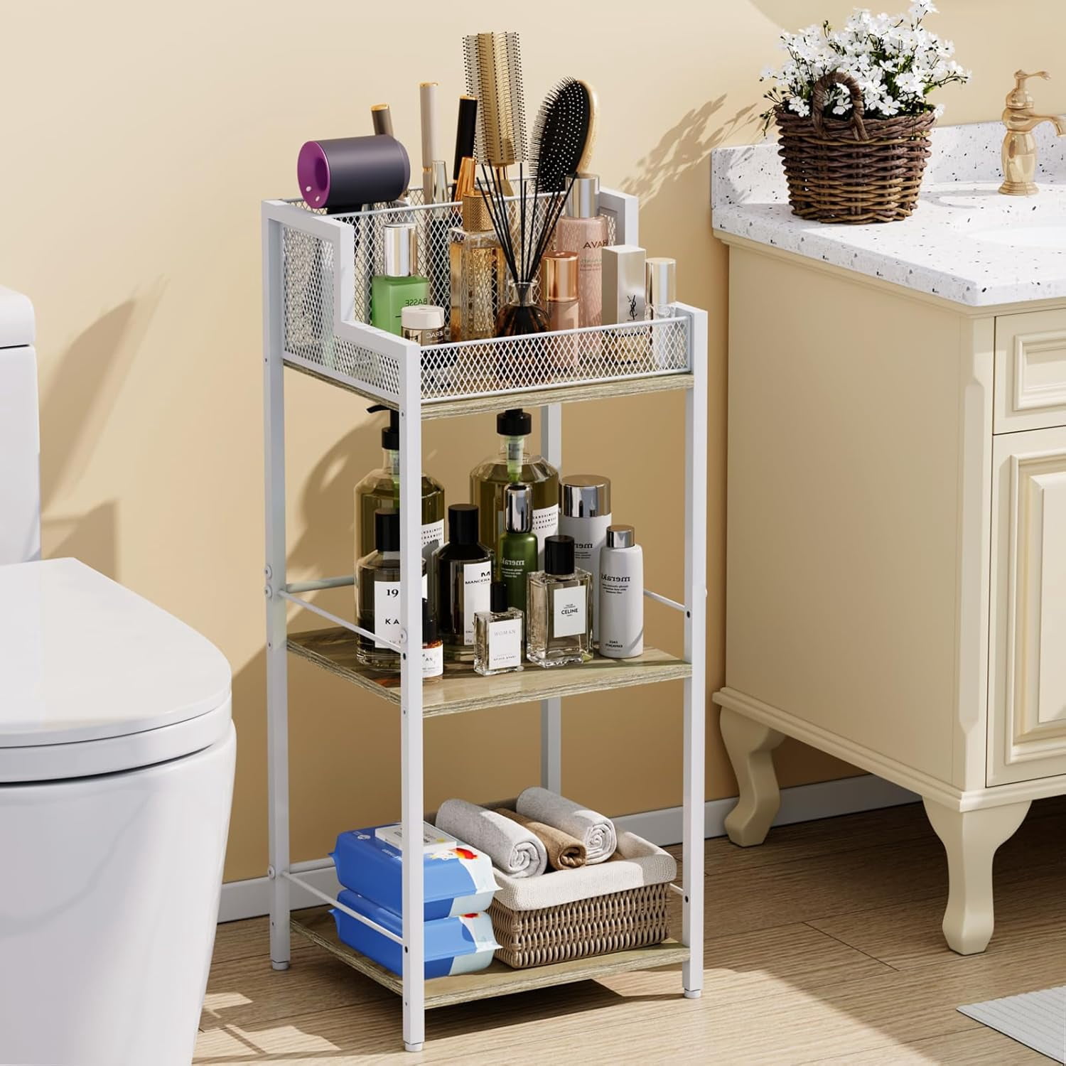 3-Tier Bathroom Storage Shelf，Divided Storage Free-Standing Shelving ...