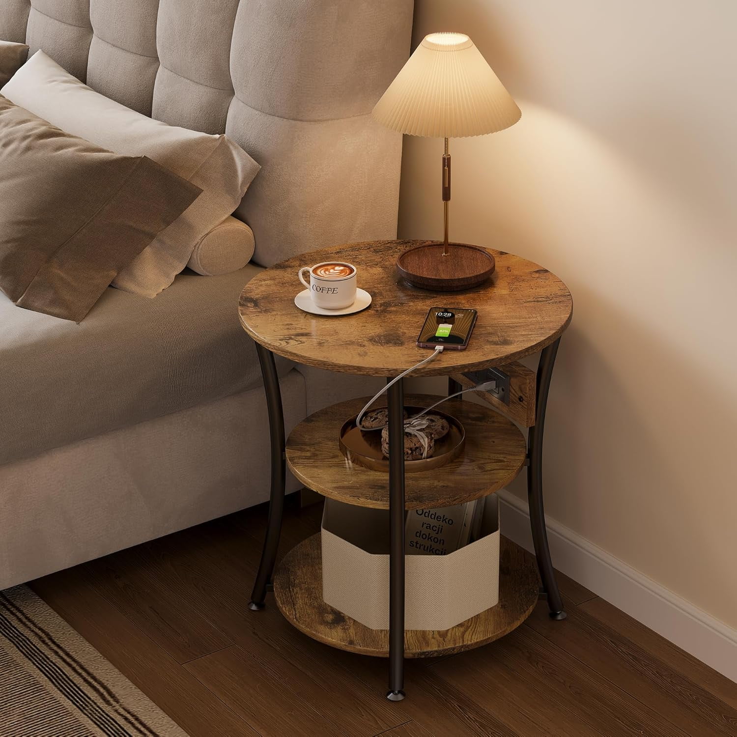 3-Tier Bedside Table Brown Promotion Side Table with Charging Station ...
