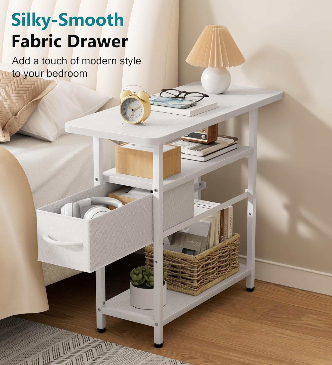 3-Tier Bedside Table White Promotion Narrow Nightstand with Drawers for ...