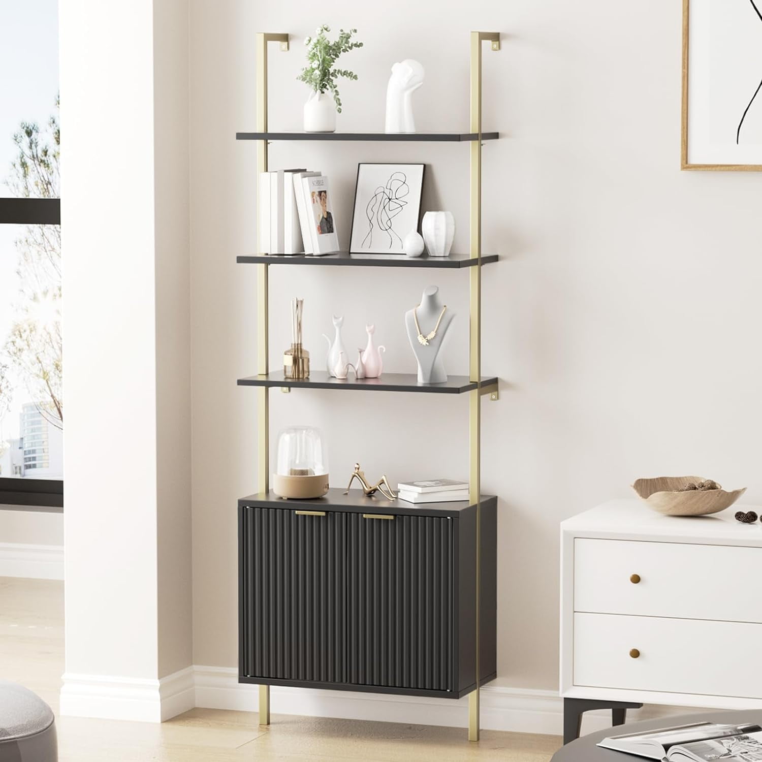 3 Tier Black & Gold Ladder Shelf with Storage Cabinet, Modern Ladder ...