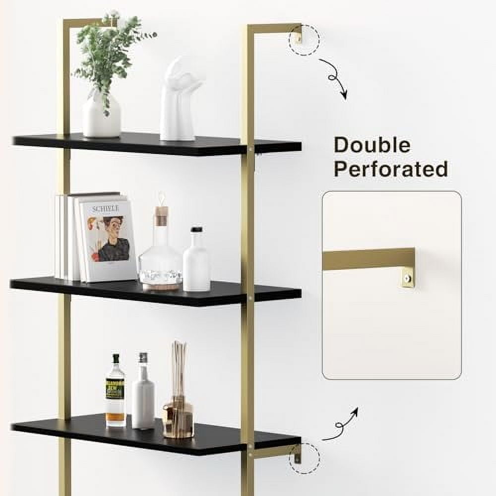 3 Tier Black & Gold Ladder Shelf with Storage Cabinet, Modern Ladder ...