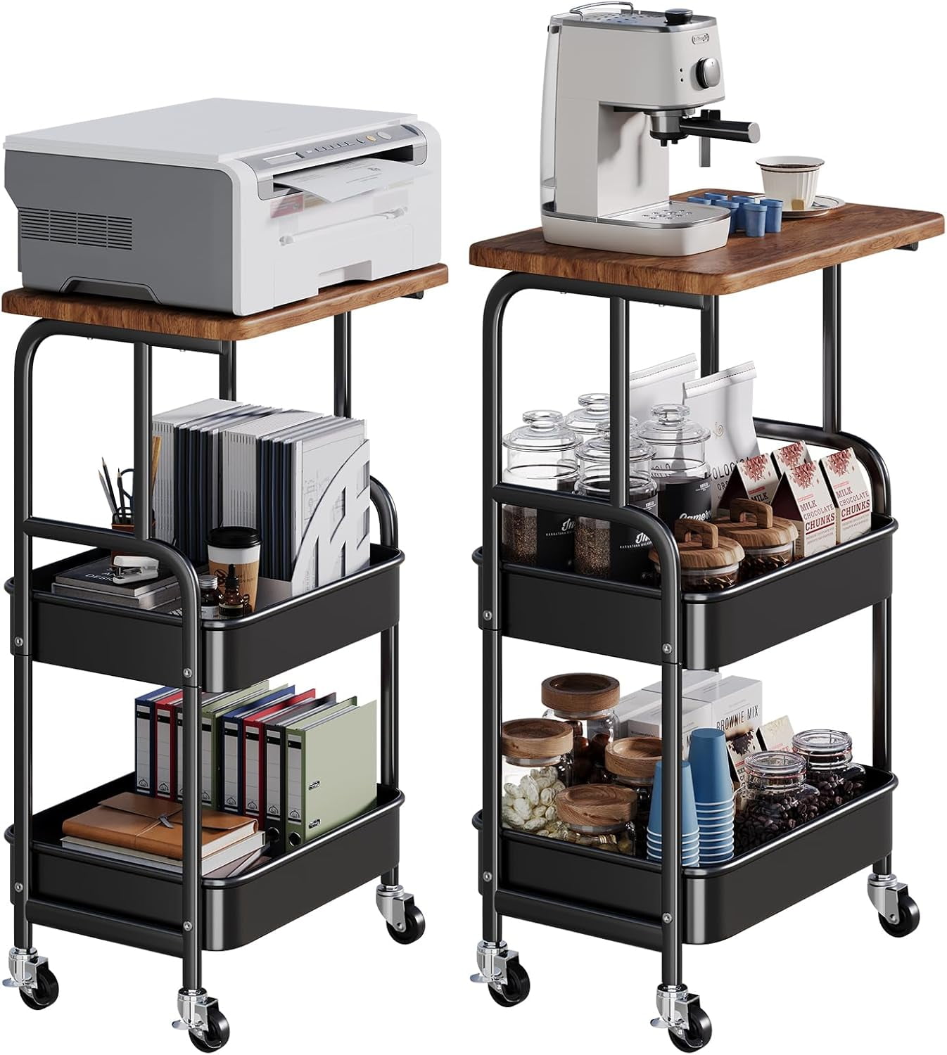 3 Tier Black Metal Rolling Cart with Lockable Wheels and Cups, Three ...