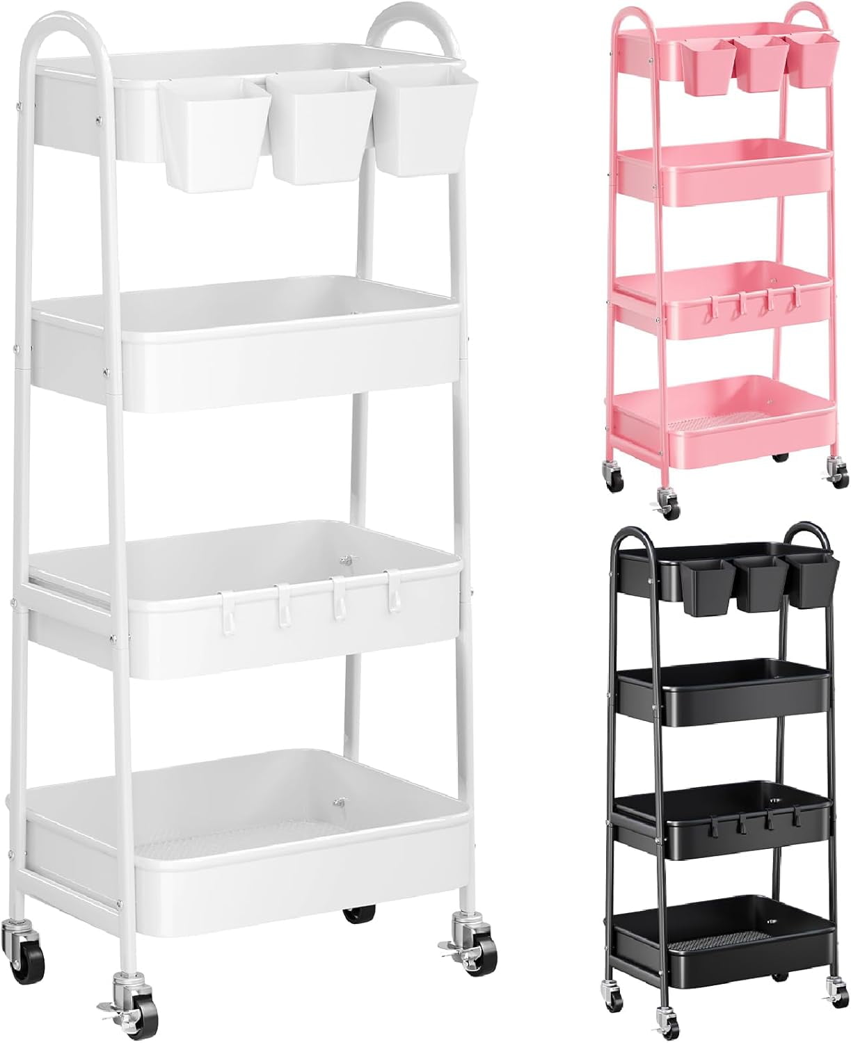 3 Tier Black Metal Rolling Cart with Lockable Wheels and Cups, Three ...