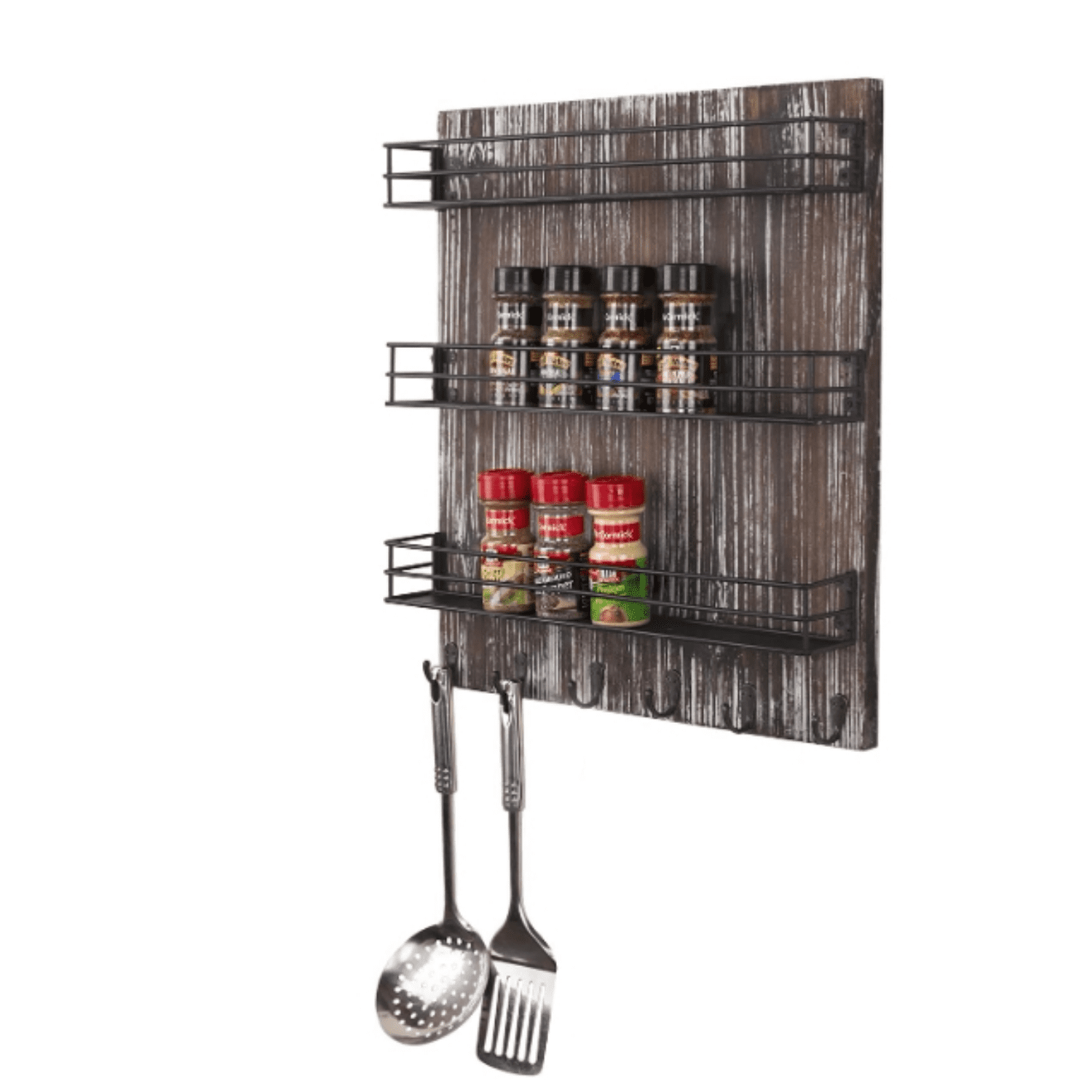 3 Tier Black Metal Wire Kitchen Spice Rack Organizer with Torched Wood ...