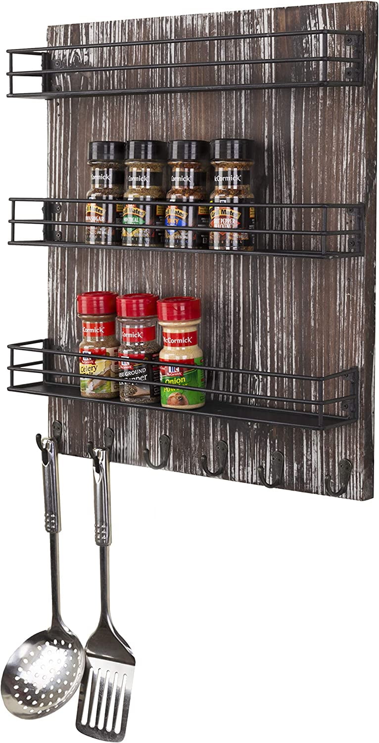 3 Tier Black Metal Wire Kitchen Spice Rack Organizer with Torched Wood ...