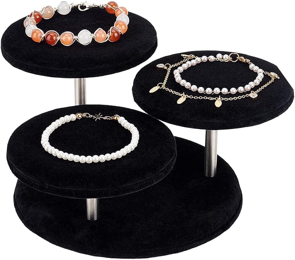 3-Tier Black Round Velvet Jewelry Stand 7.1x7.5x3.9 inch Wood Jewelry ...