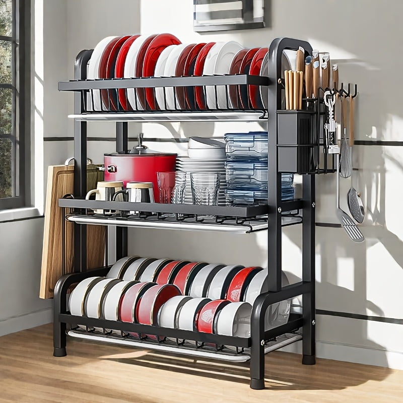 3-Tier Black Stainless Steel Dish Rack with Knife Holder, Chopping ...