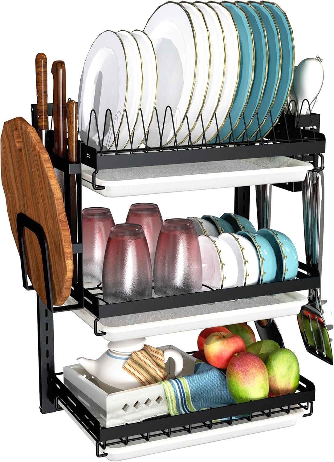 3-Tier Black Stainless Steel Wall Mounted Dish Rack with Removable ...