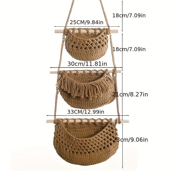 3-Tier Bohemian Wall Hanging Storage Basket, Handwoven Rope Organizer ...