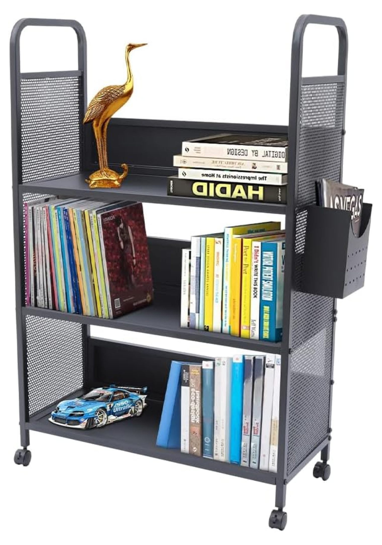 3 Tier Book Cart with Lockable Wheels Movable Rolling Bookshelf, Metal ...
